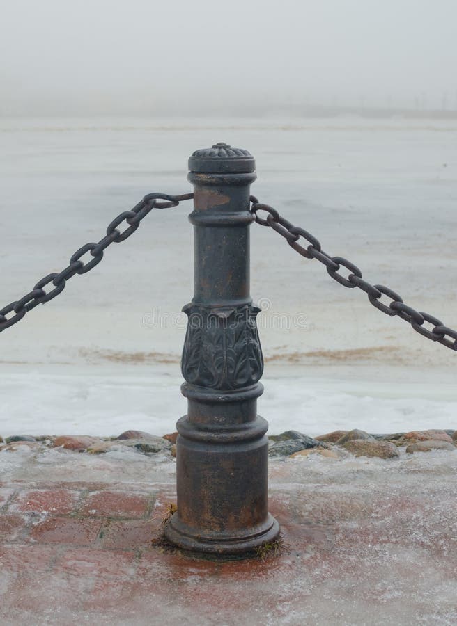 The River in Cloudy Weather in Winter on the Waterfront Boom of Metal ...