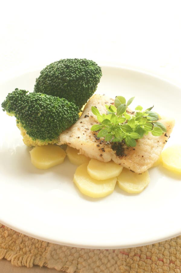 River Cobbler Fillet with Potato and Broccoli Stock Image - Image of ...