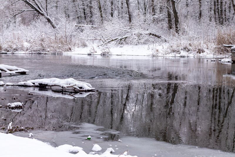The River Flows in the Cold Winter Forest. Winter River Landscape ...