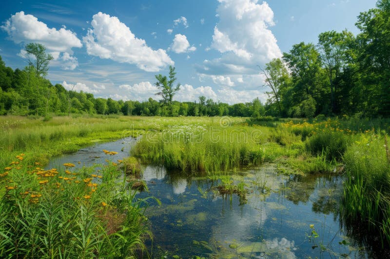 A River Courses through a Dense, Green Forest Full of Foliage and Tall ...
