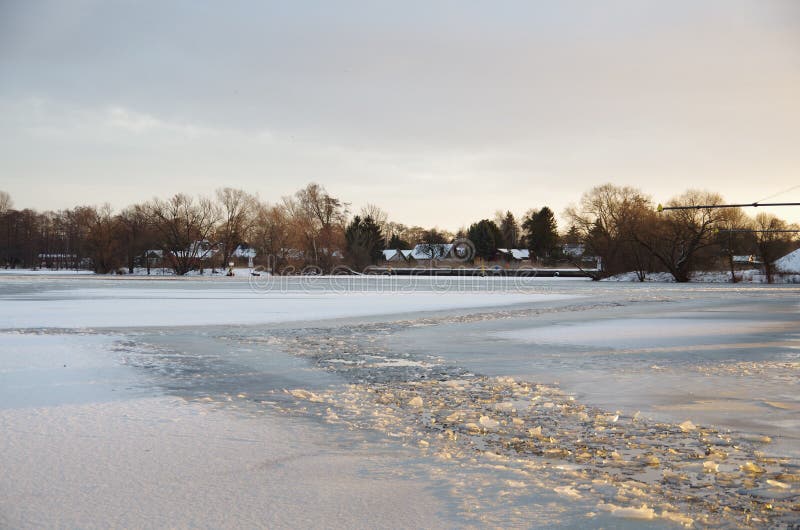 River covered by ice stock image. Image of landscape - 64701167