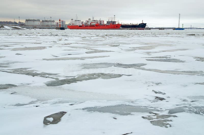 River is covered with ice. stock image. Image of vessel - 104782943