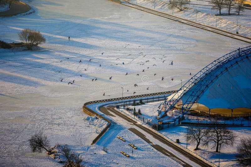 River Covered with Ice and Snow in the Downtown Stock Photo - Image of ...