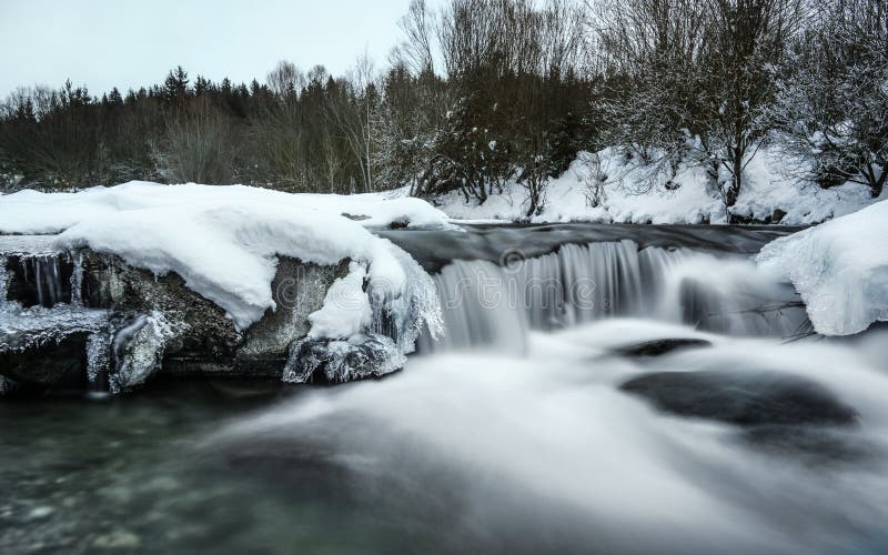 River Covered with Snow and Ice in Winter, Long Exposure with Milky ...
