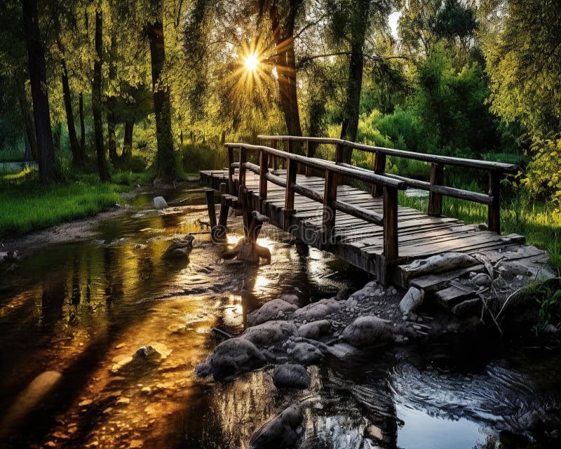 River Crossing Rustic Wooden Bridge Stock Illustration - Illustration ...