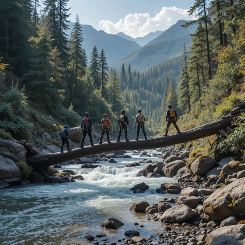 River Crossing during a Trek, with Hikers Balancing on a Fallen Tree ...