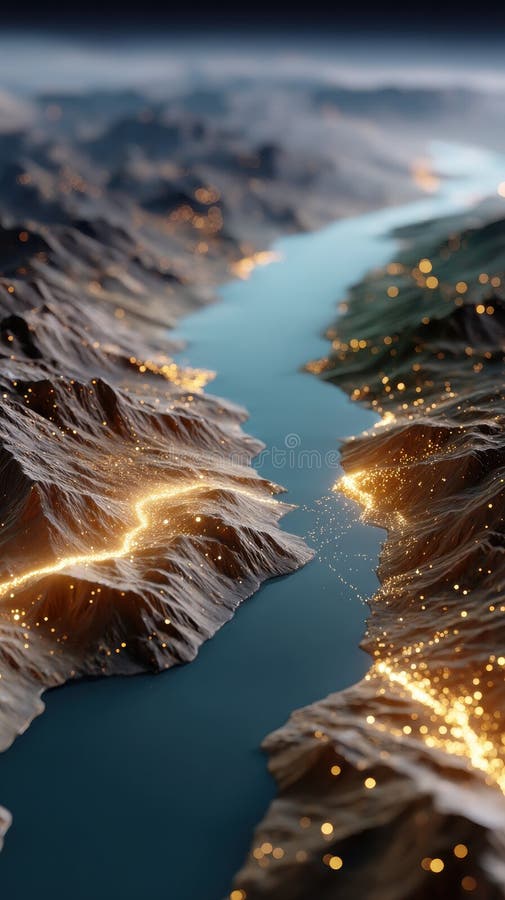 River Cuts through Canyons with Bright Lights Outlining Landscape at ...