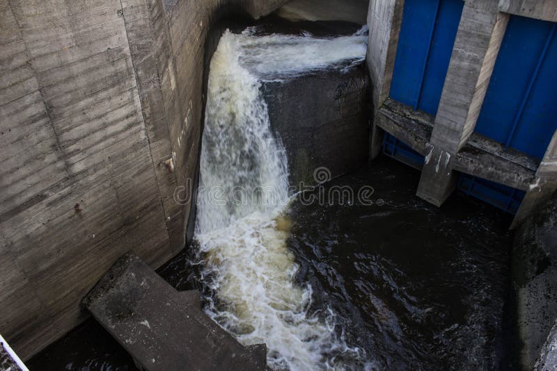 River Dam and Waterfall. Unusual Dam. Background. Stock Photo - Image ...