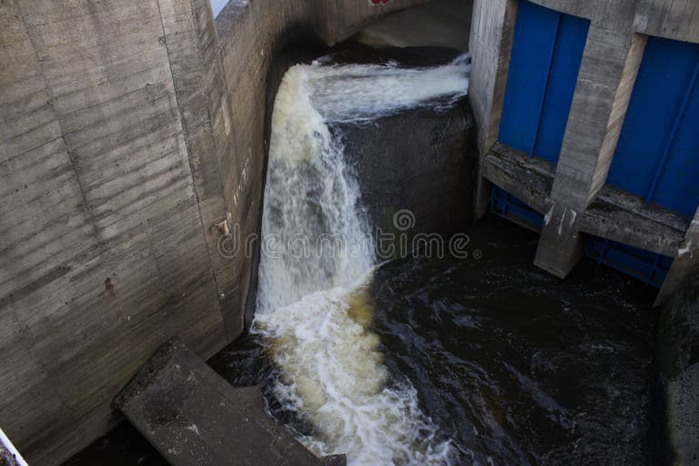 River Dam and Waterfall. Unusual Dam. Background. Stock Photo - Image ...