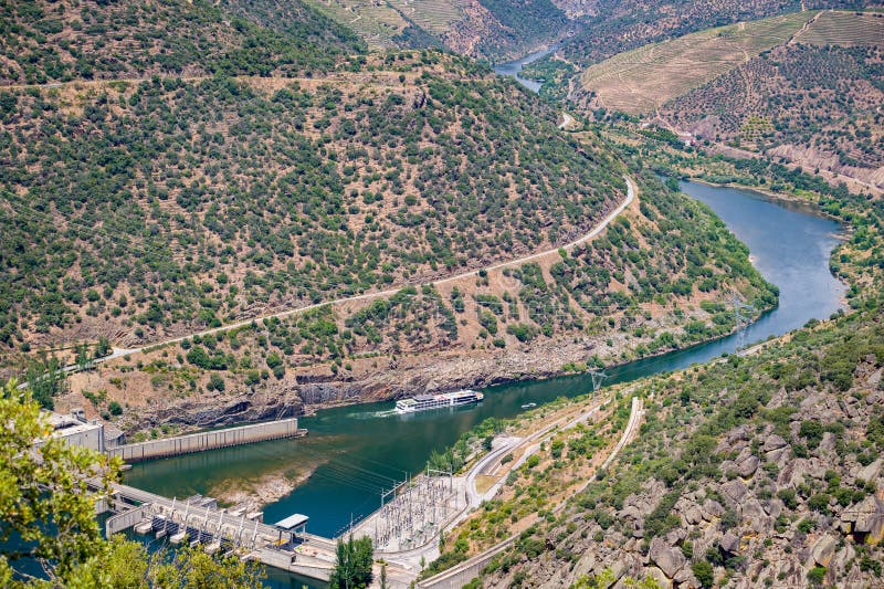 River, Dam, and Winding Roads in Douro Valley, Portugal Stock Image ...
