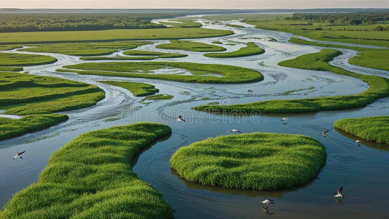 River Delta Braiding through Green Wetlands with Birds Flying Low Above ...