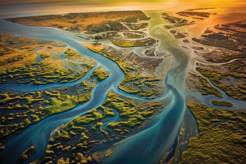 River Delta Meeting the Ocean, Contrasting Colors Stock Illustration ...