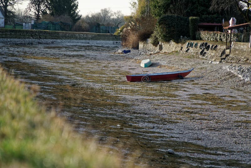 River Drought, Boat without Water Due Global Warming Stock Photo ...
