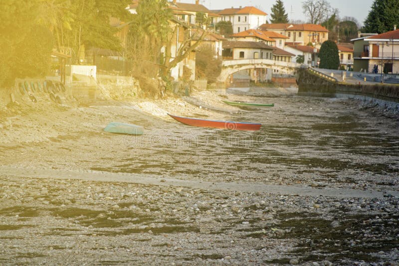 River Drought, Red Boat without Water Due Global Warming Stock Image ...