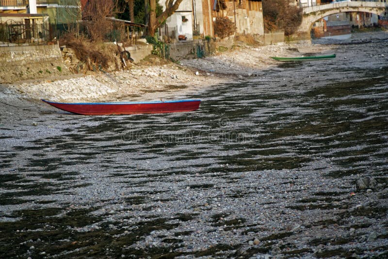 River Drought, Blue Boat without Water Due Global Warming and Measuring ...