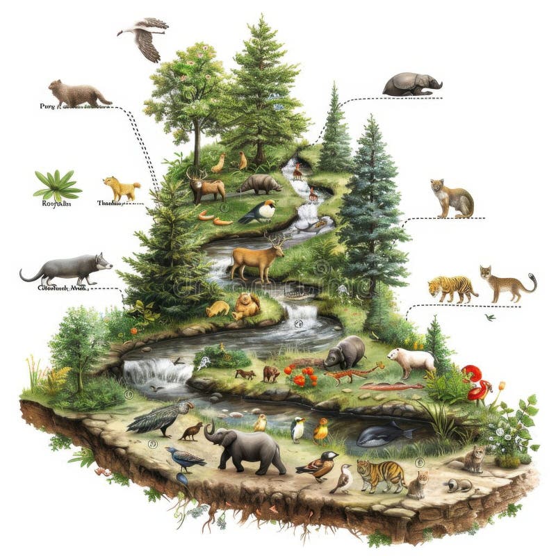 River Ecosystem, Diverse Wildlife and Flora Stock Illustration ...