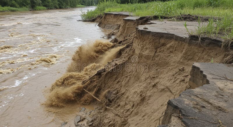 River Erosion Destroying Road Edge with Muddy Water and Collapsed Land ...