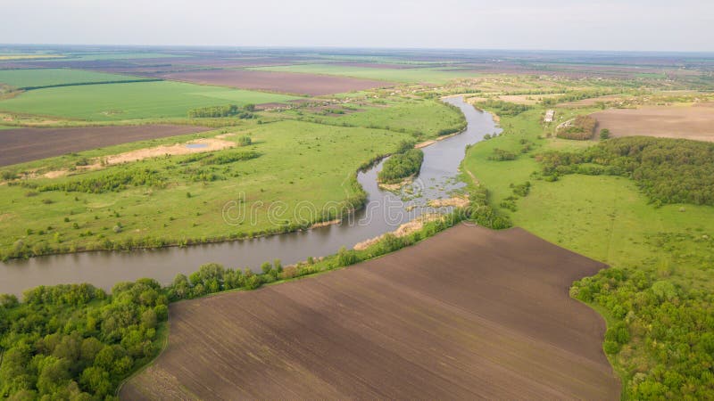 River and Fields Top View. Photographed from the Drone. Beautiful View ...