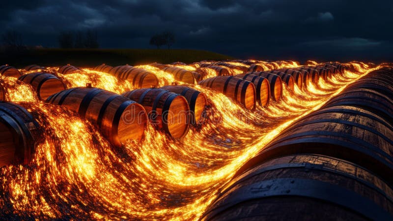 A River of Fire Flows through a Line of Wooden Barrels Stock ...