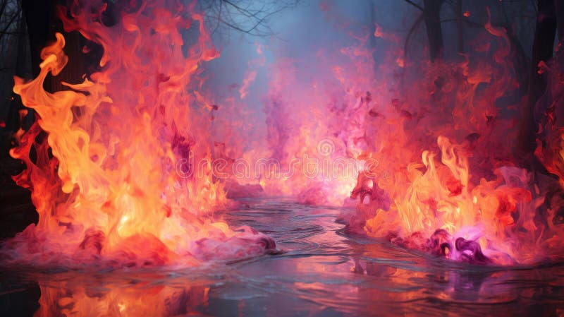 A River of Fire in the Middle of a Forest, AI Stock Illustration ...