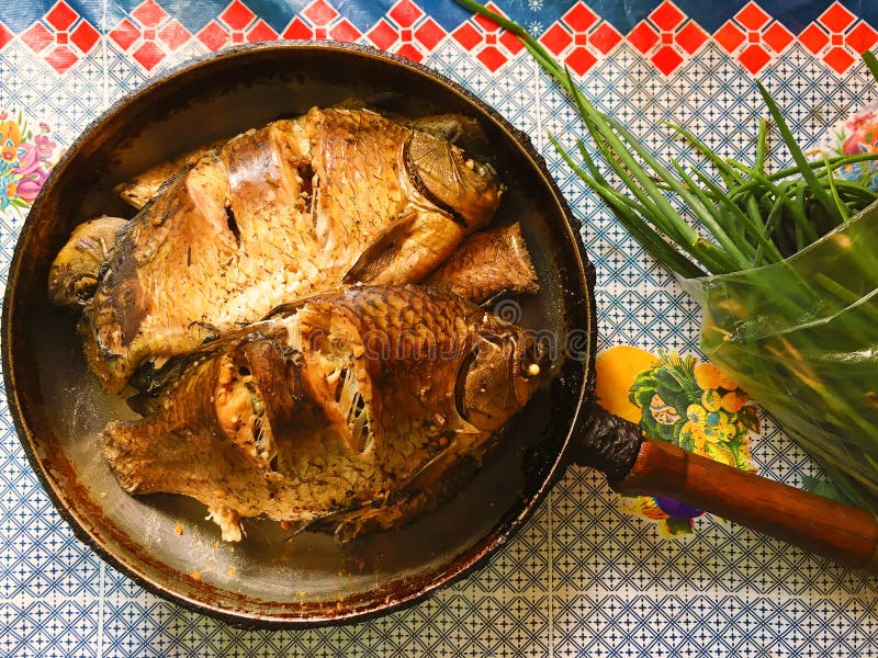 River Fish Crucian Carp Prepared in Frying-pan Stock Image - Image of ...