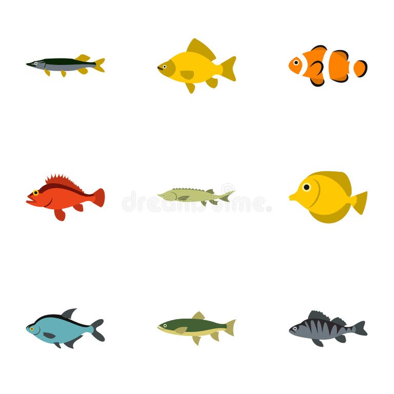 River Fish Icons Set, Flat Style Stock Vector - Illustration of fins ...