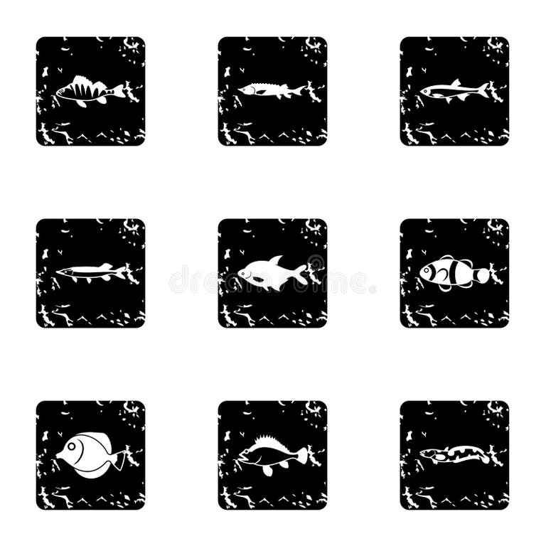 River Fish Icons Set, Grunge Style Stock Vector - Illustration of ...