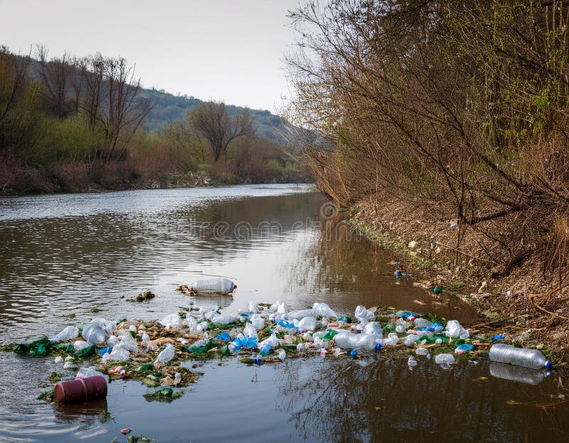 River with Floating Plastic Bottles and Bags Stock Image - Image of ...