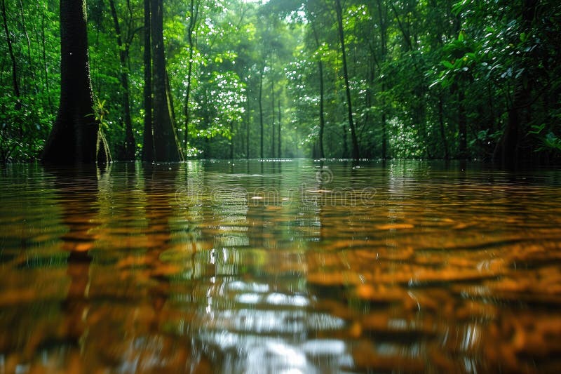River in a Flooded Tropical Forest Illuminated by the Sun Stock ...