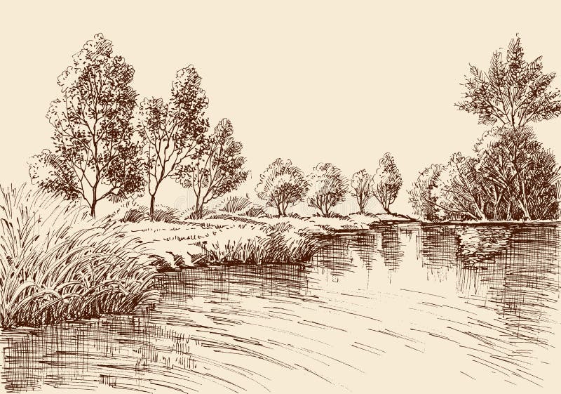 River Flow and a Small Old Fishery on Shore Stock Vector - Illustration ...