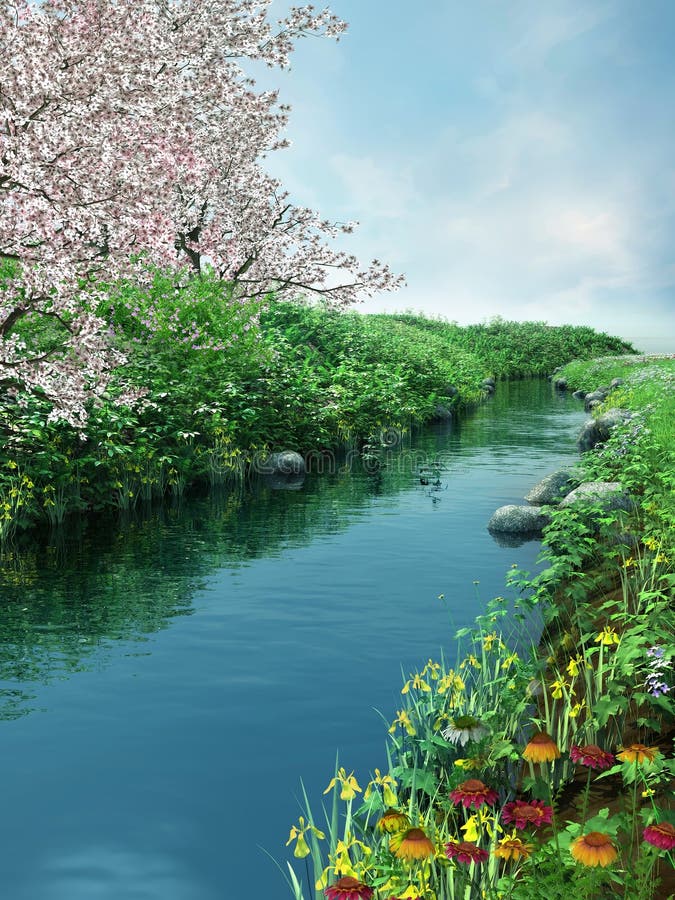 River with flowers stock illustration. Illustration of tree - 19008955