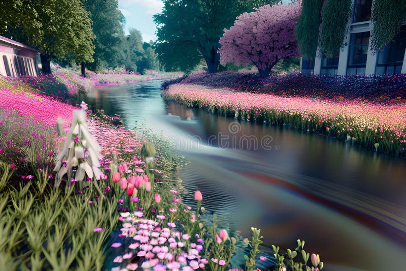 River and flowers stock illustration. Illustration of river - 272870604
