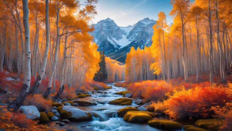 Serene Autumn River Flowing through Golden Aspen Forest with Majestic ...