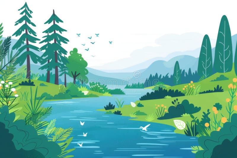 River Flowing through Clean Forest Stock Illustration - Illustration of ...