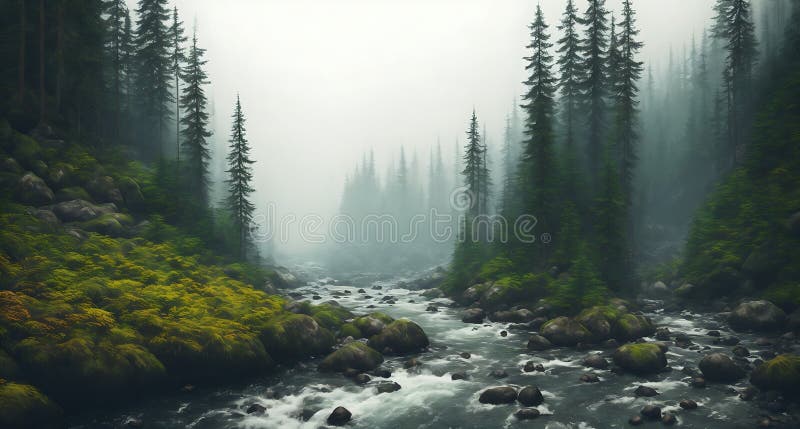 A River Flowing through a Dense Forest with Tall Trees on Either Side ...
