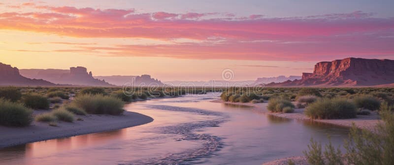 River Flowing through Desert Oasis at Sunset Creating Stunning Scenery ...
