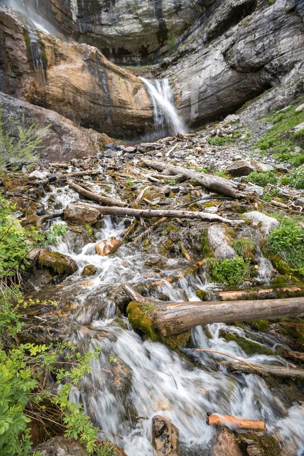 Waterfall with Fallen Logs and Moss Covered Rocks Stock Image - Image ...