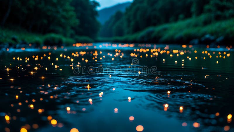 Magical Firefly Lights on Dark River at Night Stock Illustration ...