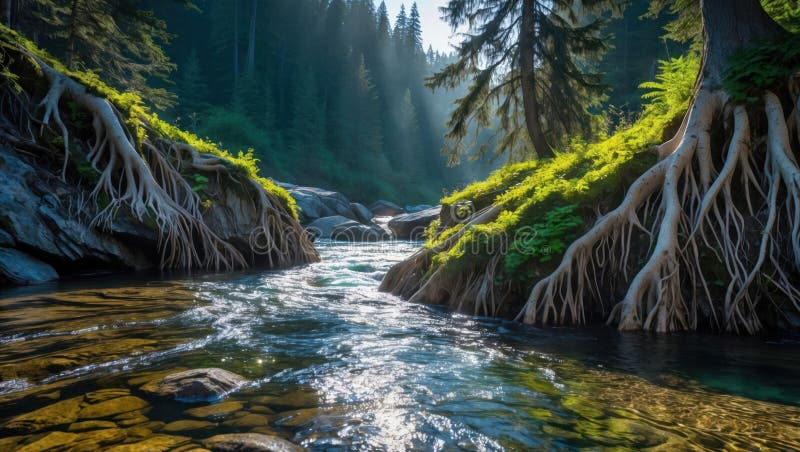 Serene Mountain River Flowing through Exposed Tree Roots Stock ...