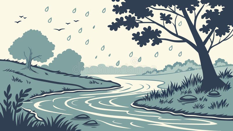 River Flowing through Green Fields, Peaceful Landscape Vector Design ...