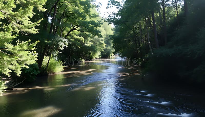 River Flowing through a Green Forest Lush Scenery Generative AI Stock ...