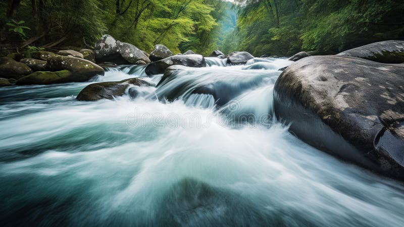 A River Flowing through a Lush Green Forest Filled with Rocks Stock ...