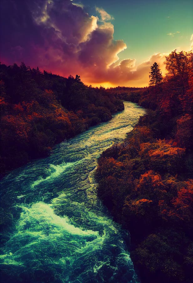 A River Flowing through a Lush Green Forest Under a Cloudy Sky at ...