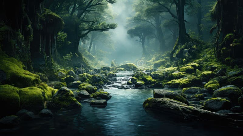A River Flowing through a Mossy Damp Forest Stock Illustration ...