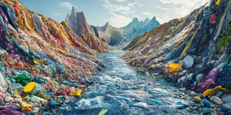 River Flowing through Mountain of Waste and Plastic in Pristine Valley ...
