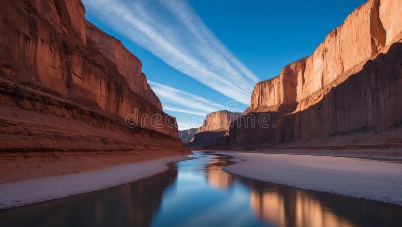 River Flowing through Narrow Canyon with Towering Cliffs at Dawn. Stock ...