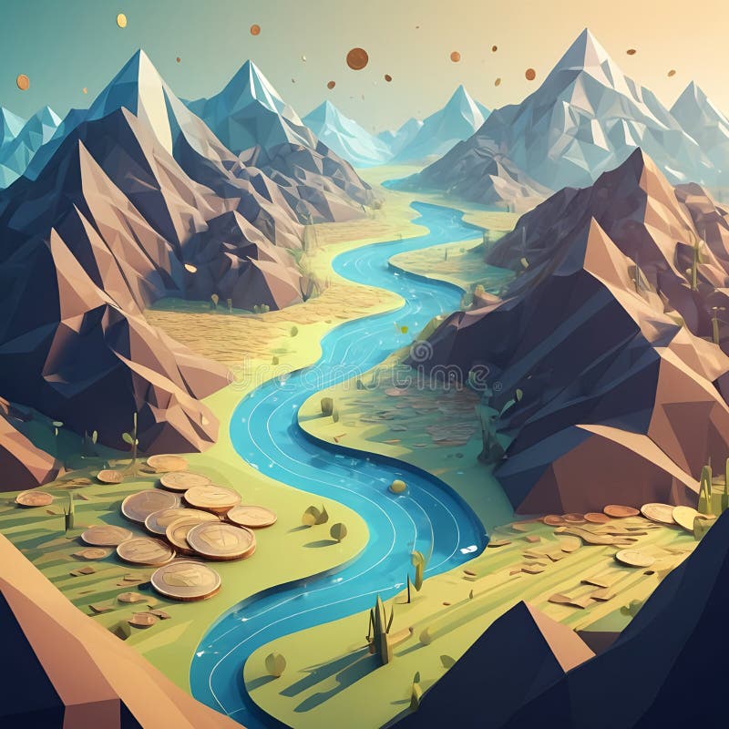 River Flowing through Polygonal Mountain Landscape Cartoon Stock ...