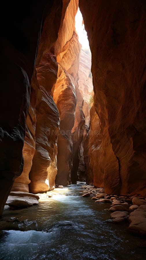 Dramatic Sandstone Slot Canyon with River Stream and Textured Rock ...
