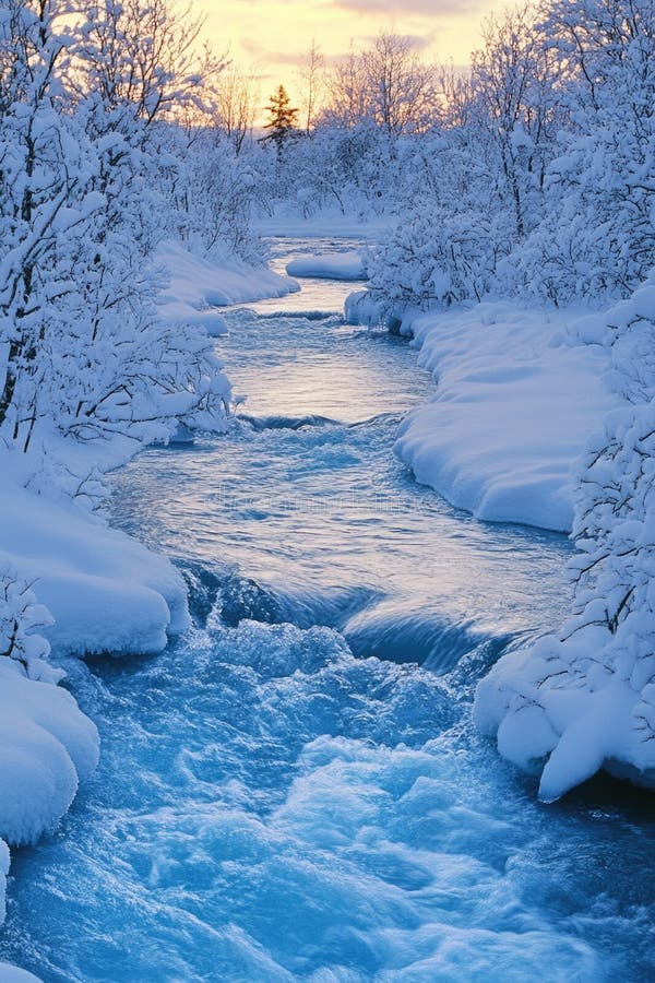 River Flowing through Snowy Forest Stock Photo - Image of water ...