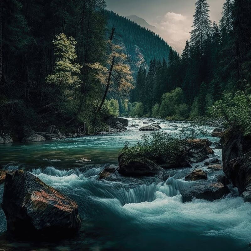 River Flowing in between Trees and Stones. Illustration AI Generative ...